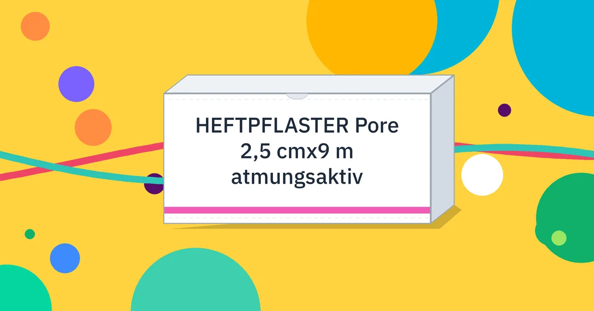 Symbolbild: Packung mit der Aufschrift HEFTPFLASTER Pore 2,5 cmx9 m atmungsaktiv (PZN 00517111) – Verfügbarkeit und Bezug in Apotheken in Frankfurt am Main