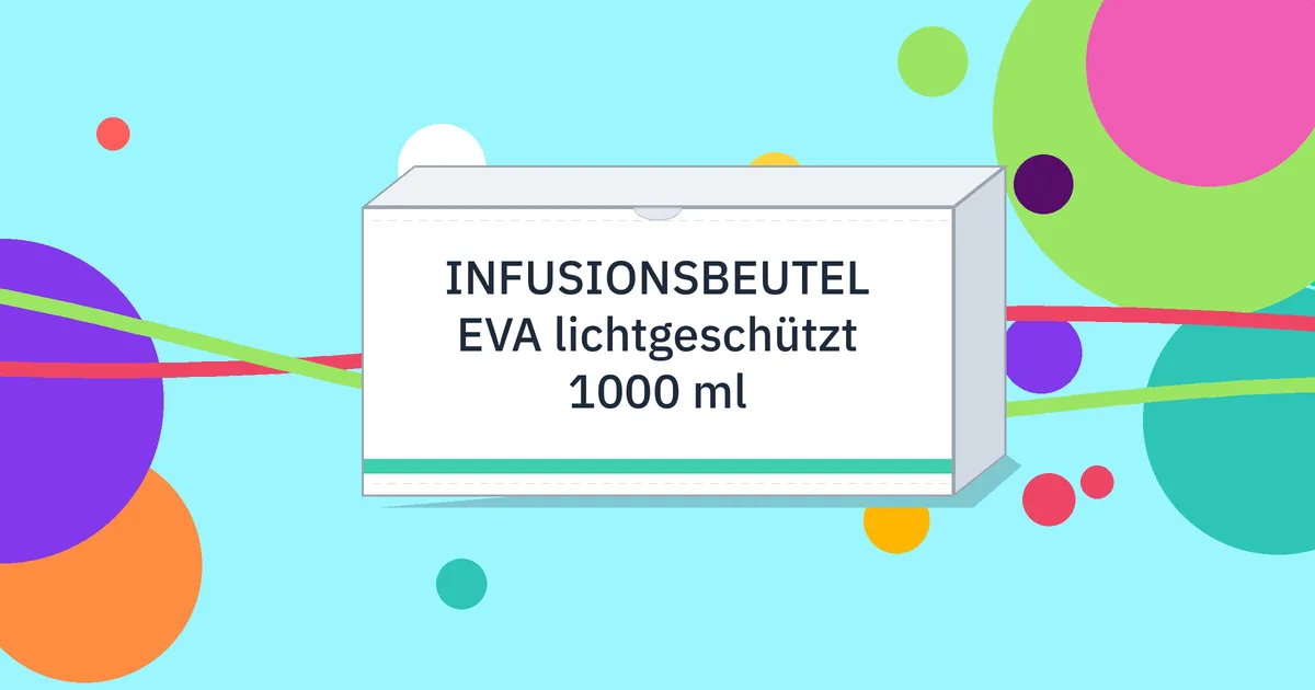 Symbolbild: Packung mit der Aufschrift INFUSIONSBEUTEL EVA lichtgeschützt 1000 ml (PZN 15239379) – Verfügbarkeit und Bezug in Apotheken in Frankfurt am Main