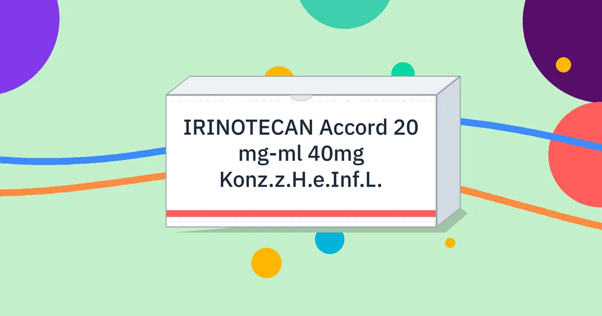 Symbolbild: Packung mit der Aufschrift IRINOTECAN Accord 20 mg-ml 40mg Konz.z.H.e.Inf.L. (PZN 12422462) – Verfügbarkeit und Bezug in Apotheken in Frankfurt am Main