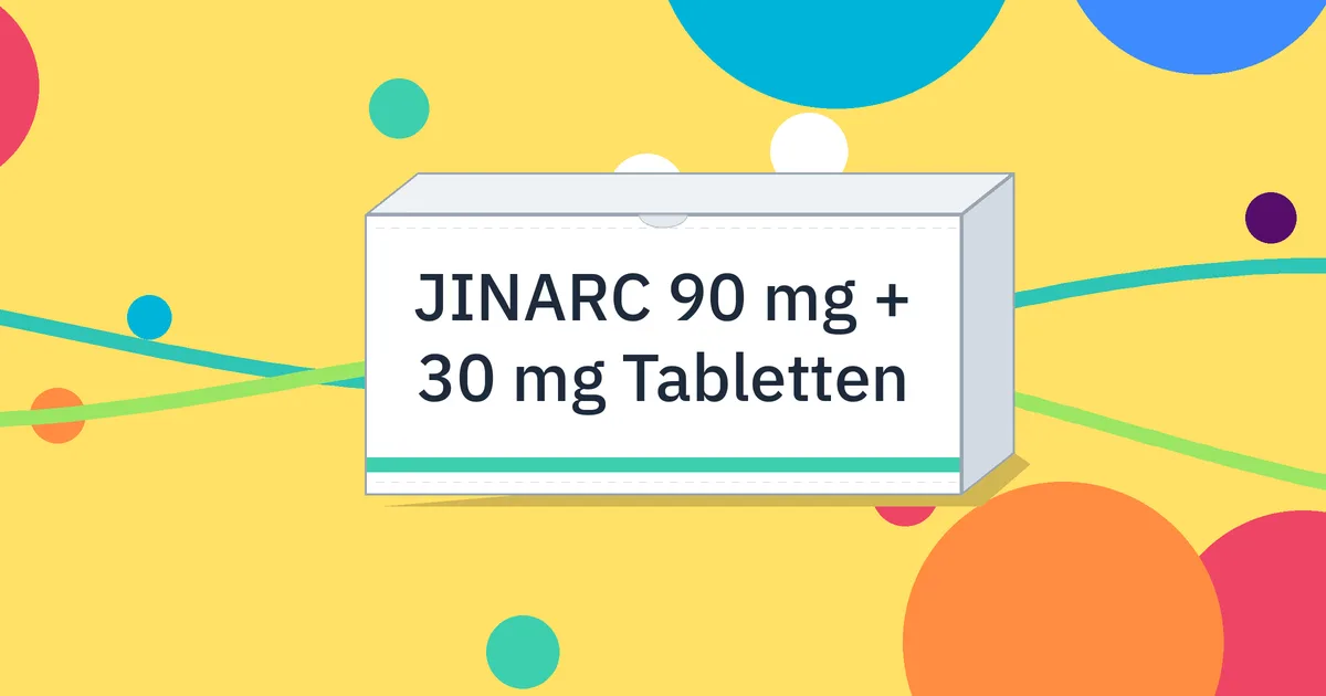 Symbolbild: Packung mit der Aufschrift JINARC 90 mg + 30 mg Tabletten (PZN 19183316) – Verfügbarkeit und Bezug in Apotheken in Frankfurt am Main