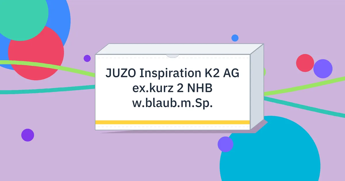 Symbolbild: Packung mit der Aufschrift JUZO Inspiration K2 AG ex.kurz 2 NHB w.blaub.m.Sp. (PZN 14962122) – Verfügbarkeit und Bezug in Apotheken in Frankfurt am Main
