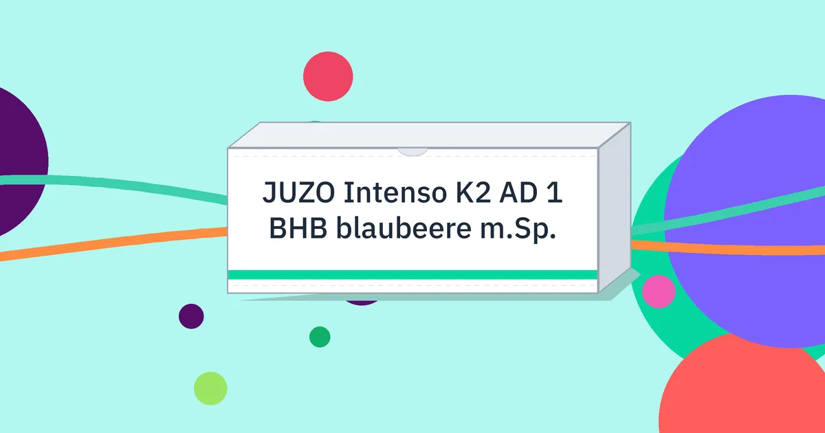 Symbolbild: Packung mit der Aufschrift JUZO Intenso K2 AD 1 BHB blaubeere m.Sp. (PZN 18613358) – Verfügbarkeit und Bezug in Apotheken in Frankfurt am Main