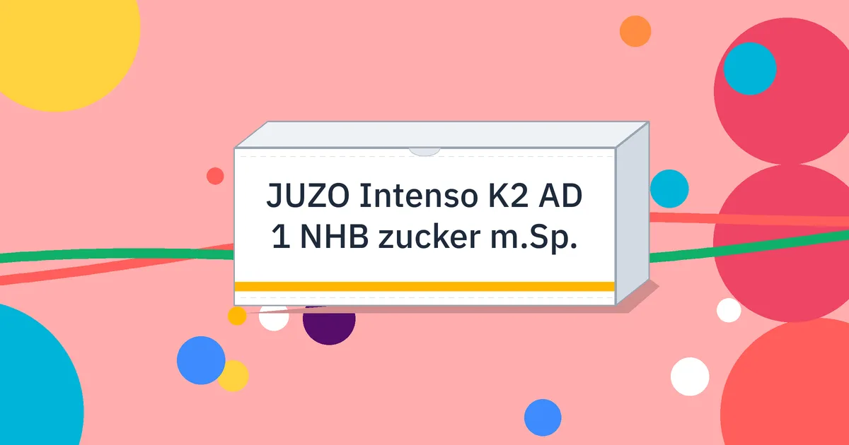 Symbolbild: Packung mit der Aufschrift JUZO Intenso K2 AD 1 NHB zucker m.Sp. (PZN 18609552) – Verfügbarkeit und Bezug in Apotheken in Frankfurt am Main
