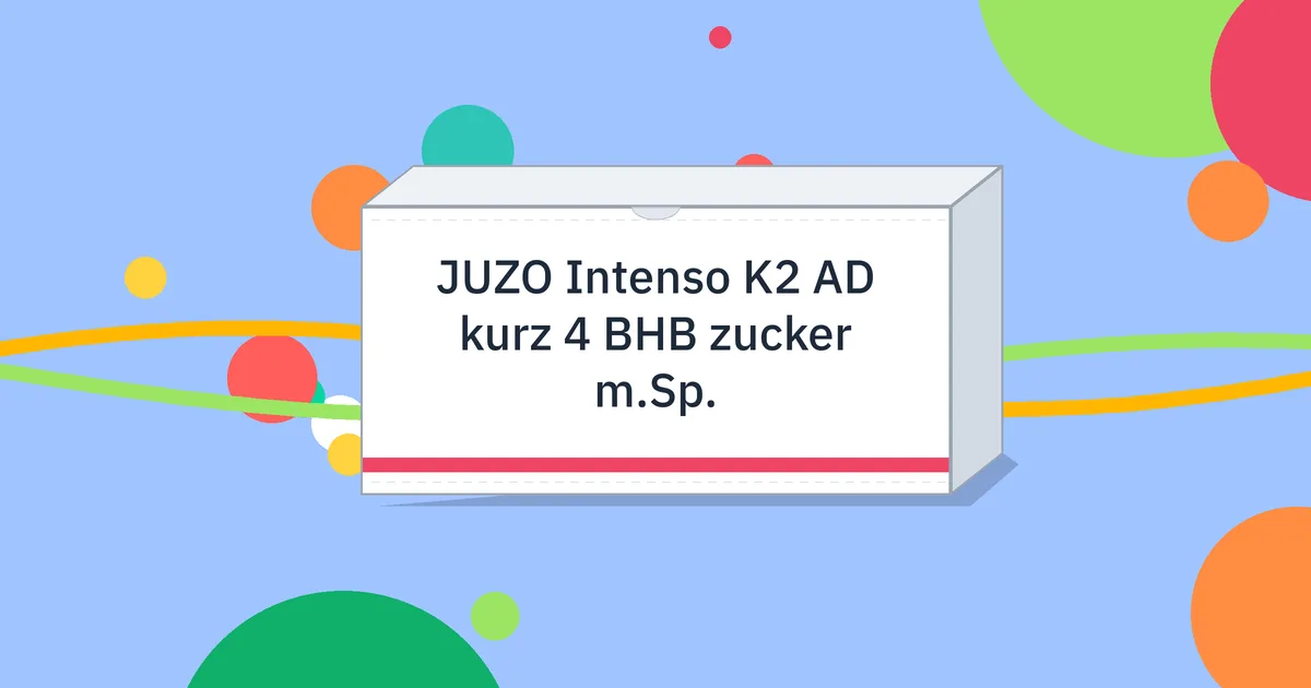 Symbolbild: Packung mit der Aufschrift JUZO Intenso K2 AD kurz 4 BHB zucker m.Sp. (PZN 18614263) – Verfügbarkeit und Bezug in Apotheken in Frankfurt am Main
