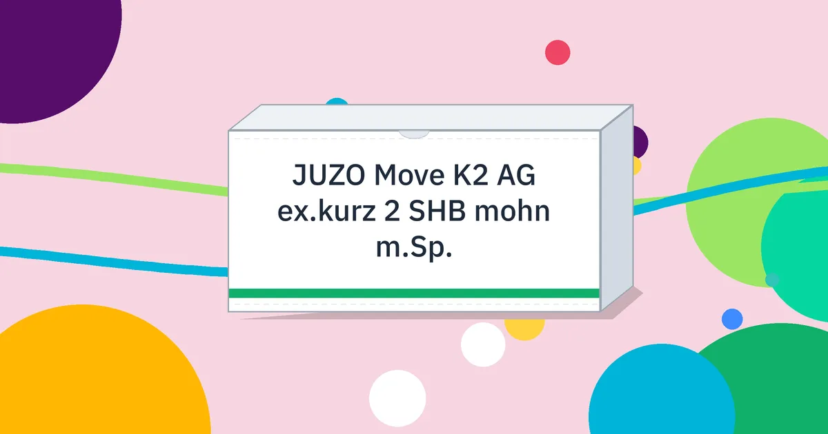 Symbolbild: Packung mit der Aufschrift JUZO Move K2 AG ex.kurz 2 SHB mohn m.Sp. (PZN 18563494) – Verfügbarkeit und Bezug in Apotheken in Frankfurt am Main