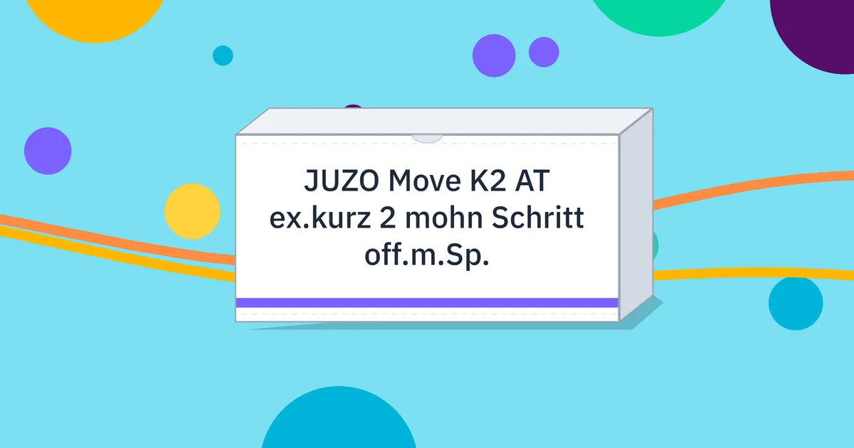 Symbolbild: Packung mit der Aufschrift JUZO Move K2 AT ex.kurz 2 mohn Schritt off.m.Sp. (PZN 20671475) – Verfügbarkeit und Bezug in Apotheken in Frankfurt am Main