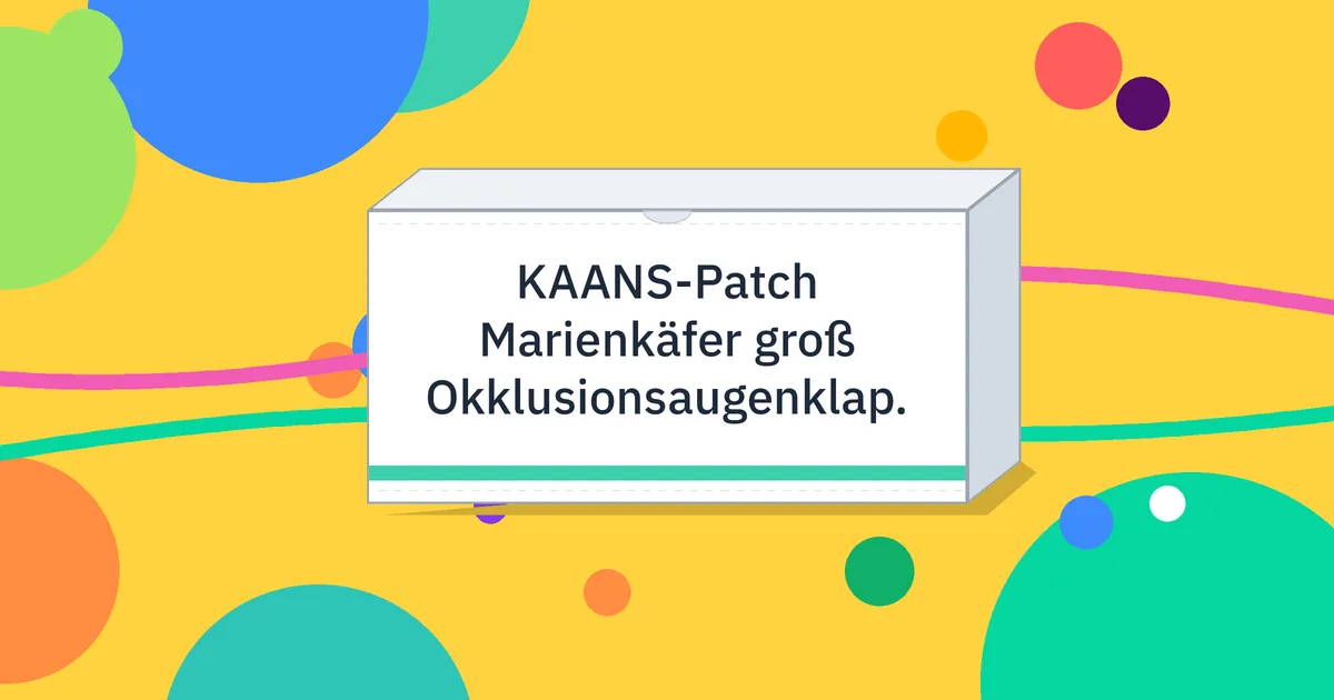 Symbolbild: Packung mit der Aufschrift KAANS-Patch Marienkäfer groß Okklusionsaugenklap. (PZN 11102034) – Verfügbarkeit und Bezug in Apotheken in Frankfurt am Main