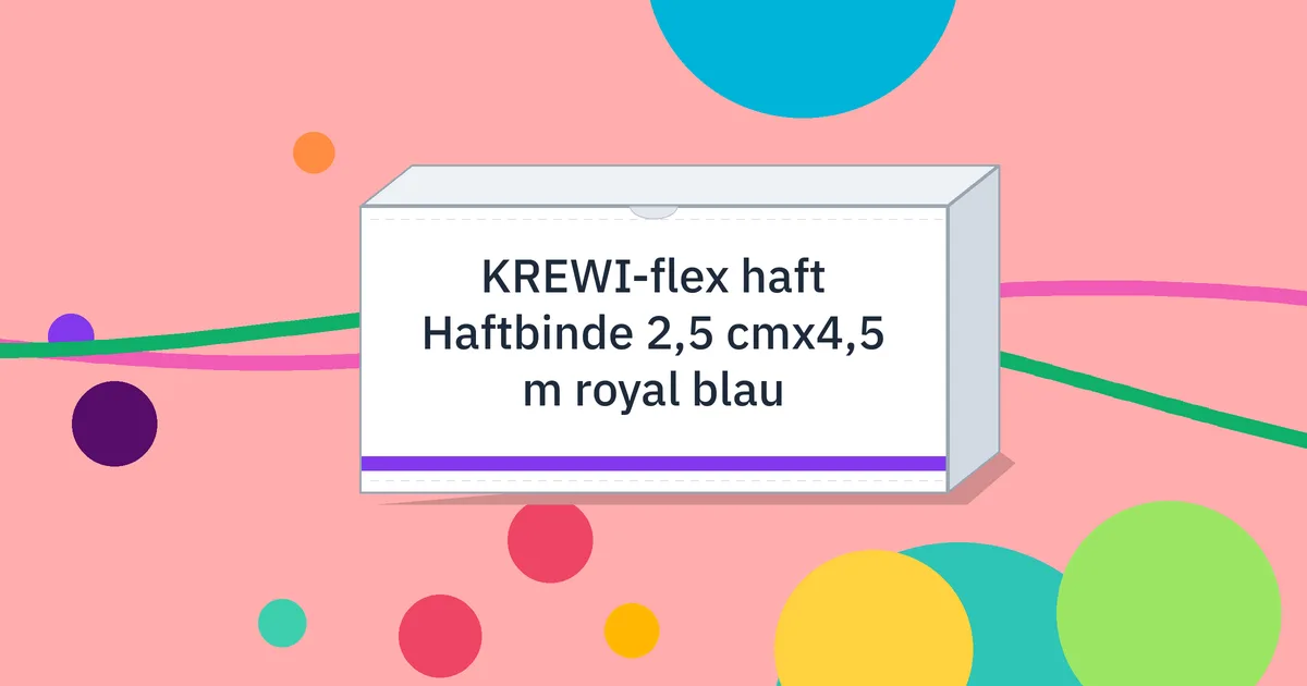 Symbolbild: Packung mit der Aufschrift KREWI-flex haft Haftbinde 2,5 cmx4,5 m royal blau (PZN 17918995) – Verfügbarkeit und Bezug in Apotheken in Frankfurt am Main