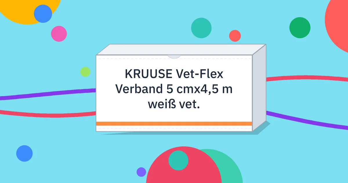 Symbolbild: Packung mit der Aufschrift KRUUSE Vet-Flex Verband 5 cmx4,5 m weiß vet. (PZN 18443347) – Verfügbarkeit und Bezug in Apotheken in Frankfurt am Main