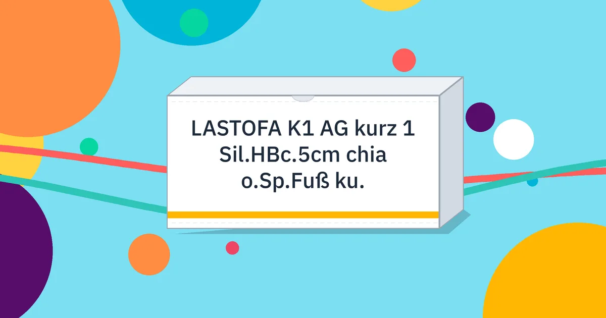 Symbolbild: Packung mit der Aufschrift LASTOFA K1 AG kurz 1 Sil.HBc.5cm chia o.Sp.Fuß ku. (PZN 13788596) – Verfügbarkeit und Bezug in Apotheken in Frankfurt am Main