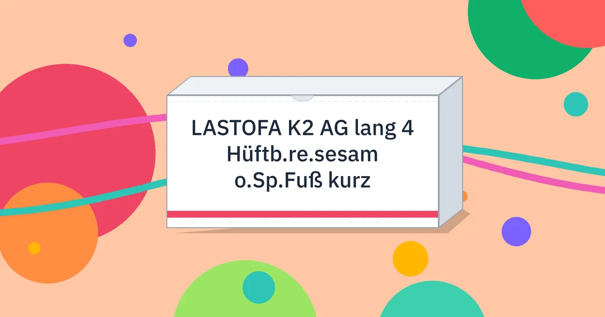 Symbolbild: Packung mit der Aufschrift LASTOFA K2 AG lang 4 Hüftb.re.sesam o.Sp.Fuß kurz (PZN 13811674) – Verfügbarkeit und Bezug in Apotheken in Frankfurt am Main