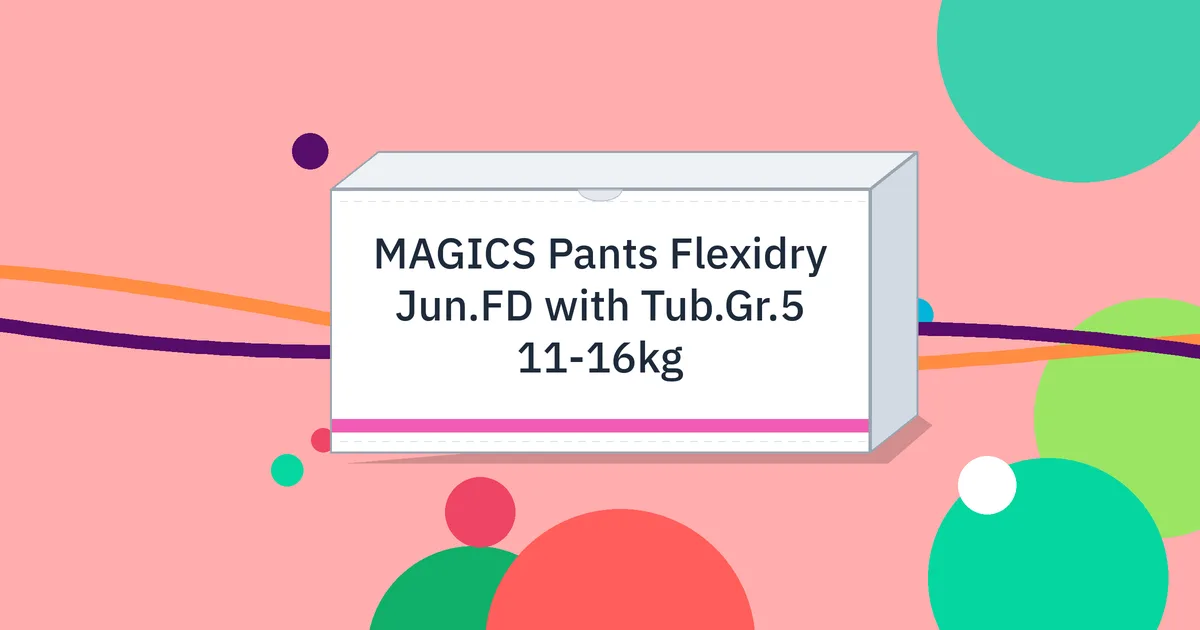 Symbolbild: Packung mit der Aufschrift MAGICS Pants Flexidry Jun.FD with Tub.Gr.5 11-16kg (PZN 20169103) – Verfügbarkeit und Bezug in Apotheken in Frankfurt am Main