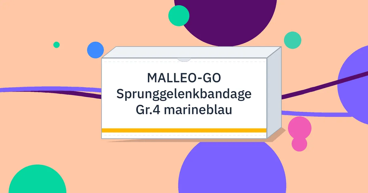 Symbolbild: Packung mit der Aufschrift MALLEO-GO Sprunggelenkbandage Gr.4 marineblau (PZN 19742336) – Verfügbarkeit und Bezug in Apotheken in Frankfurt am Main