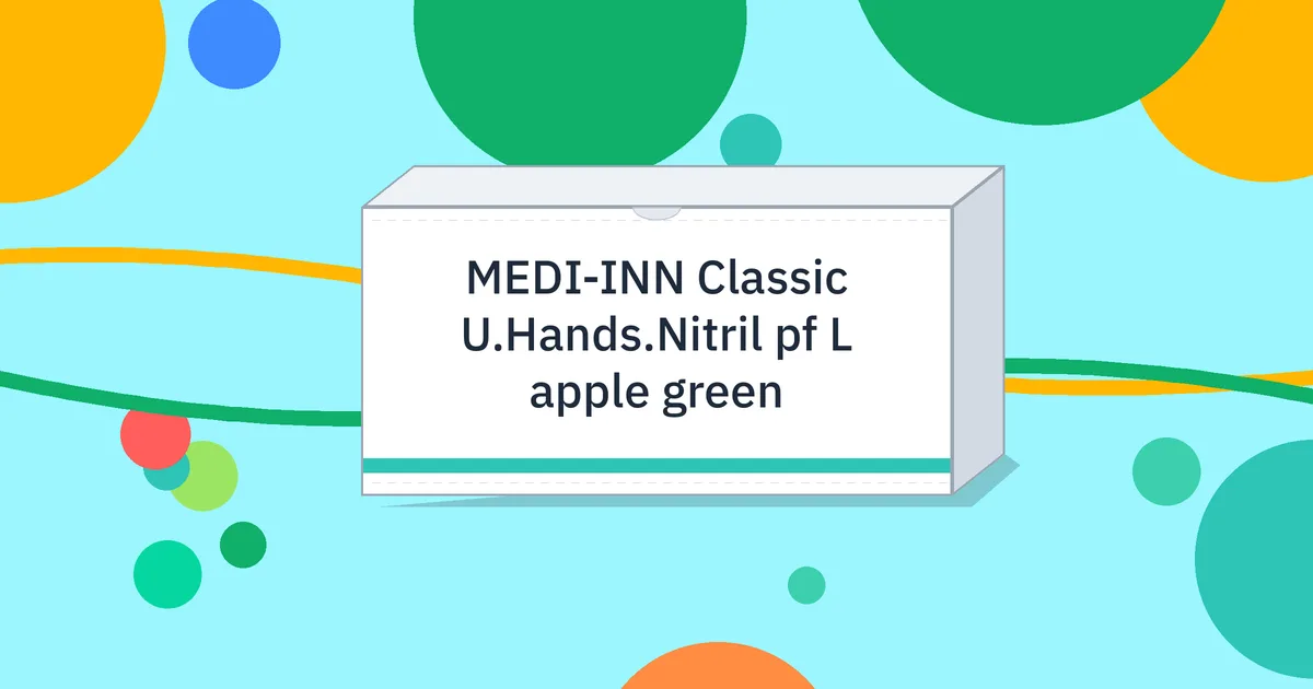 Symbolbild: Packung mit der Aufschrift MEDI-INN Classic U.Hands.Nitril pf L apple green (PZN 18445263) – Verfügbarkeit und Bezug in Apotheken in Frankfurt am Main