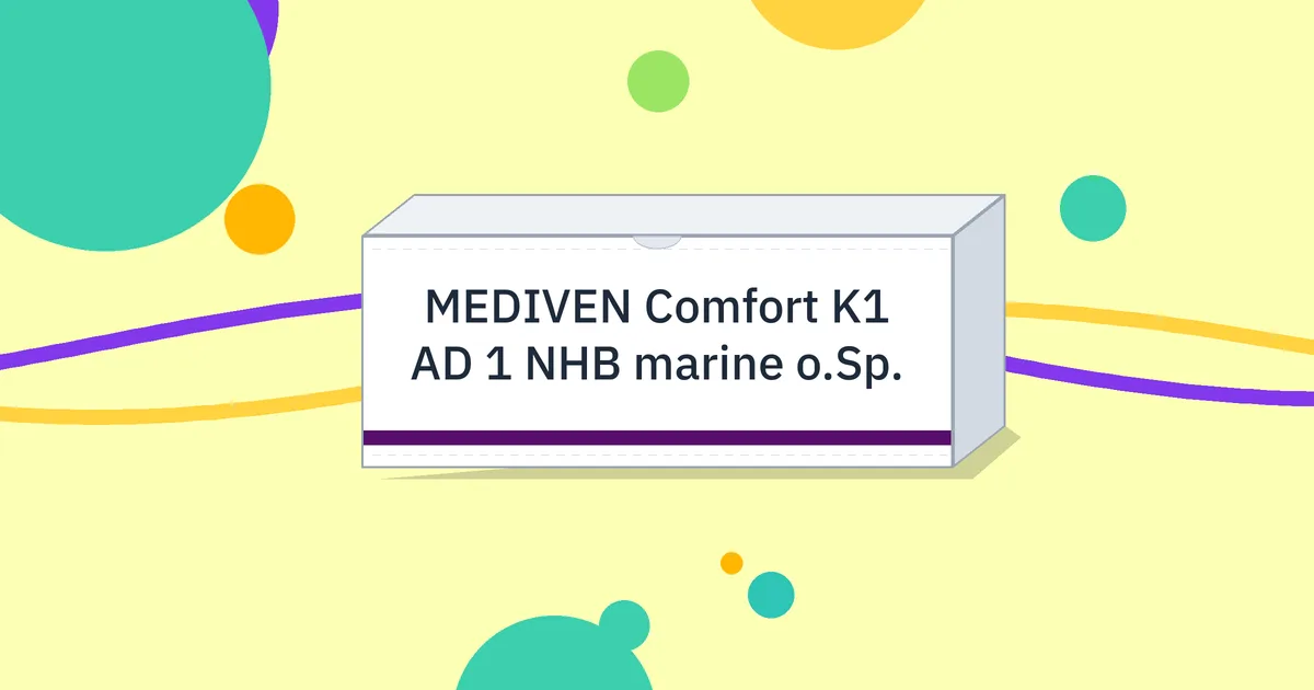 Symbolbild: Packung mit der Aufschrift MEDIVEN Comfort K1 AD 1 NHB marine o.Sp. (PZN 14560843) – Verfügbarkeit und Bezug in Apotheken in Frankfurt am Main