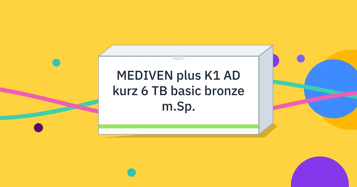 Symbolbild: Packung mit der Aufschrift MEDIVEN plus K1 AD kurz 6 TB basic bronze m.Sp. (PZN 15046002) – Verfügbarkeit und Bezug in Apotheken in Frankfurt am Main