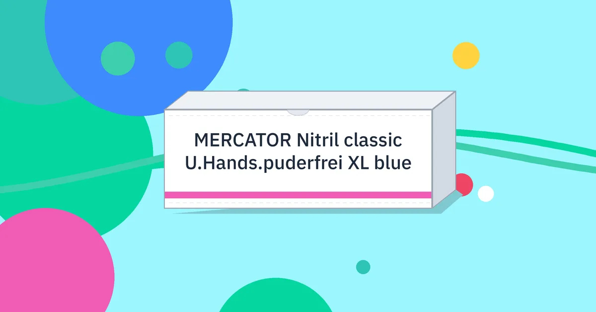Symbolbild: Packung mit der Aufschrift MERCATOR Nitril classic U.Hands.puderfrei XL blue (PZN 19844580) – Verfügbarkeit und Bezug in Apotheken in Frankfurt am Main