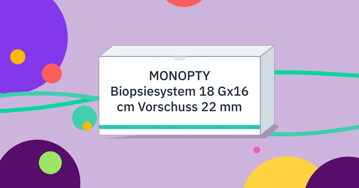 Symbolbild: Packung mit der Aufschrift MONOPTY Biopsiesystem 18 Gx16 cm Vorschuss 22 mm (PZN 03470031) – Verfügbarkeit und Bezug in Apotheken in Frankfurt am Main