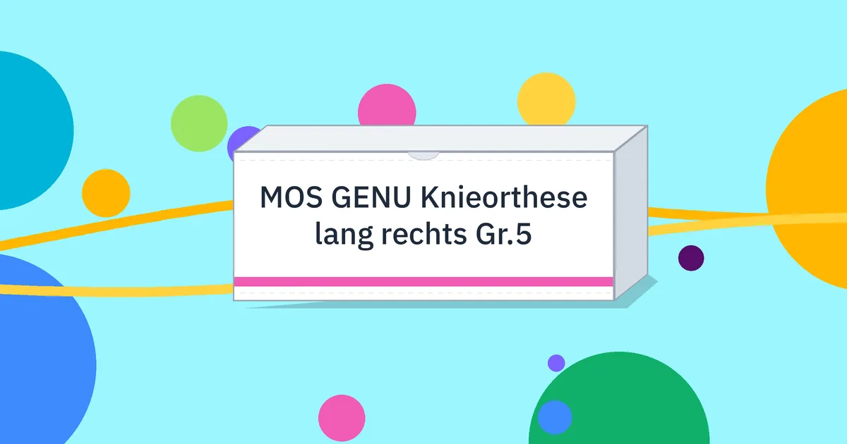 Symbolbild: Packung mit der Aufschrift MOS GENU Knieorthese lang rechts Gr.5 (PZN 03142195) – Verfügbarkeit und Bezug in Apotheken in Frankfurt am Main
