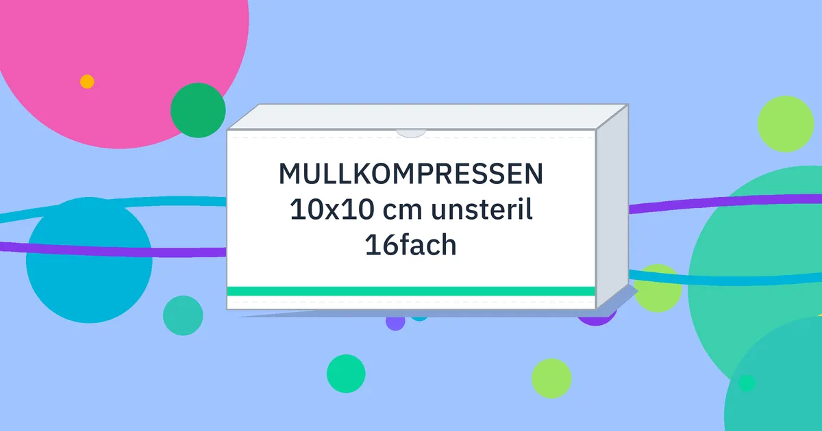 Symbolbild: Packung mit der Aufschrift MULLKOMPRESSEN 10x10 cm unsteril 16fach (PZN 08888806) – Verfügbarkeit und Bezug in Apotheken in Frankfurt am Main