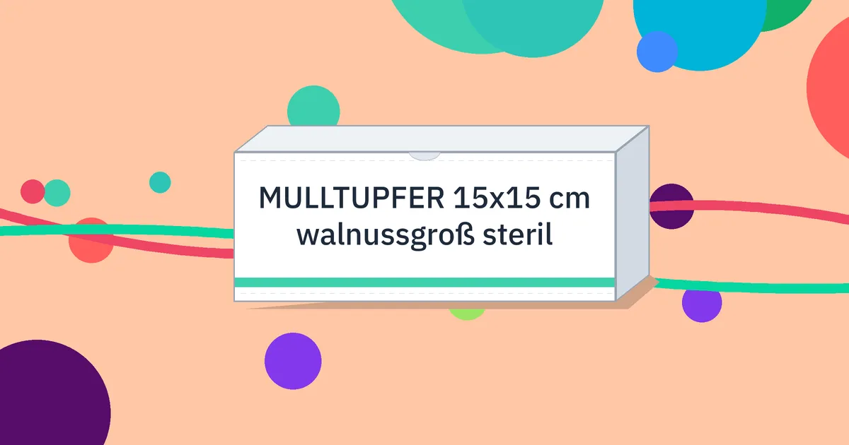 Symbolbild: Packung mit der Aufschrift MULLTUPFER 15x15 cm walnussgroß steril (PZN 02845948) – Verfügbarkeit und Bezug in Apotheken in Frankfurt am Main