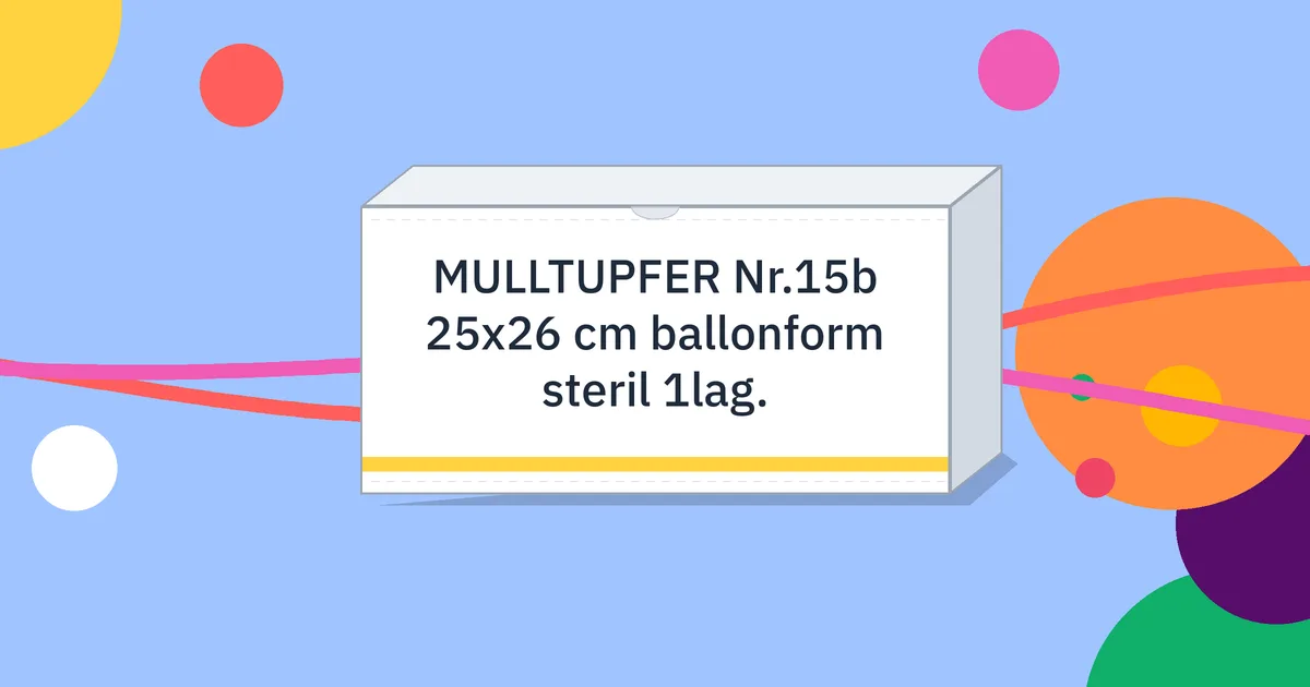 Symbolbild: Packung mit der Aufschrift MULLTUPFER Nr.15b 25x26 cm ballonform steril 1lag. (PZN 14267008) – Verfügbarkeit und Bezug in Apotheken in Frankfurt am Main