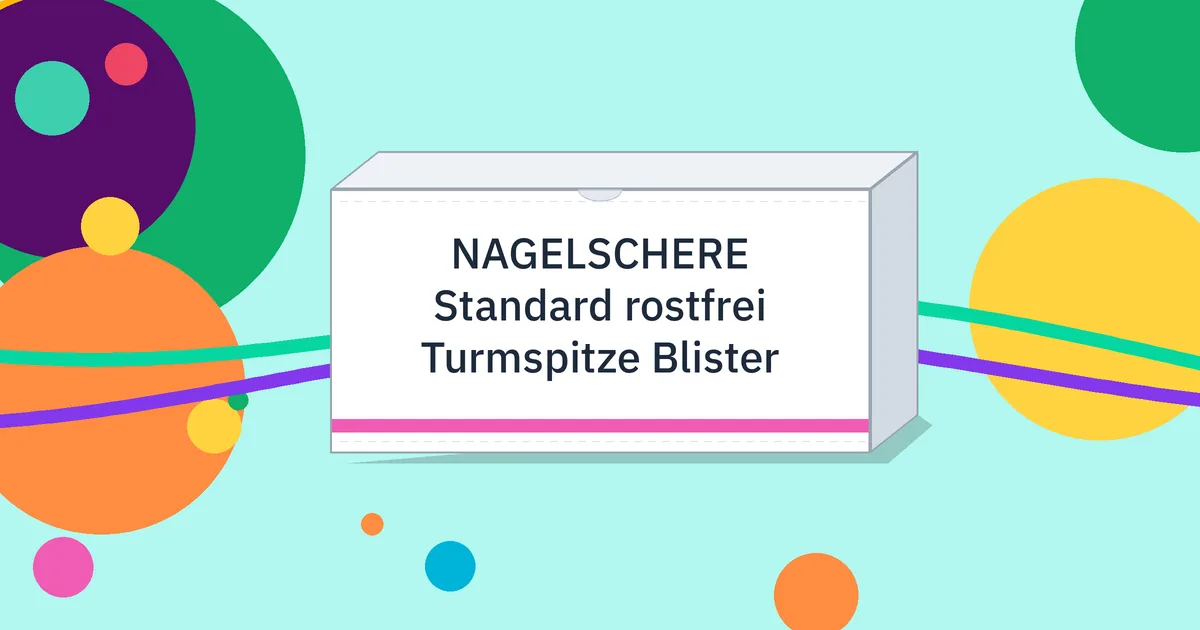 Symbolbild: Packung mit der Aufschrift NAGELSCHERE Standard rostfrei Turmspitze Blister (PZN 10348767) – Verfügbarkeit und Bezug in Apotheken in Frankfurt am Main