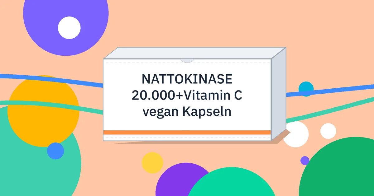 Symbolbild: Packung mit der Aufschrift NATTOKINASE 20.000+Vitamin C vegan Kapseln (PZN 19530551) – Verfügbarkeit und Bezug in Apotheken in Frankfurt am Main