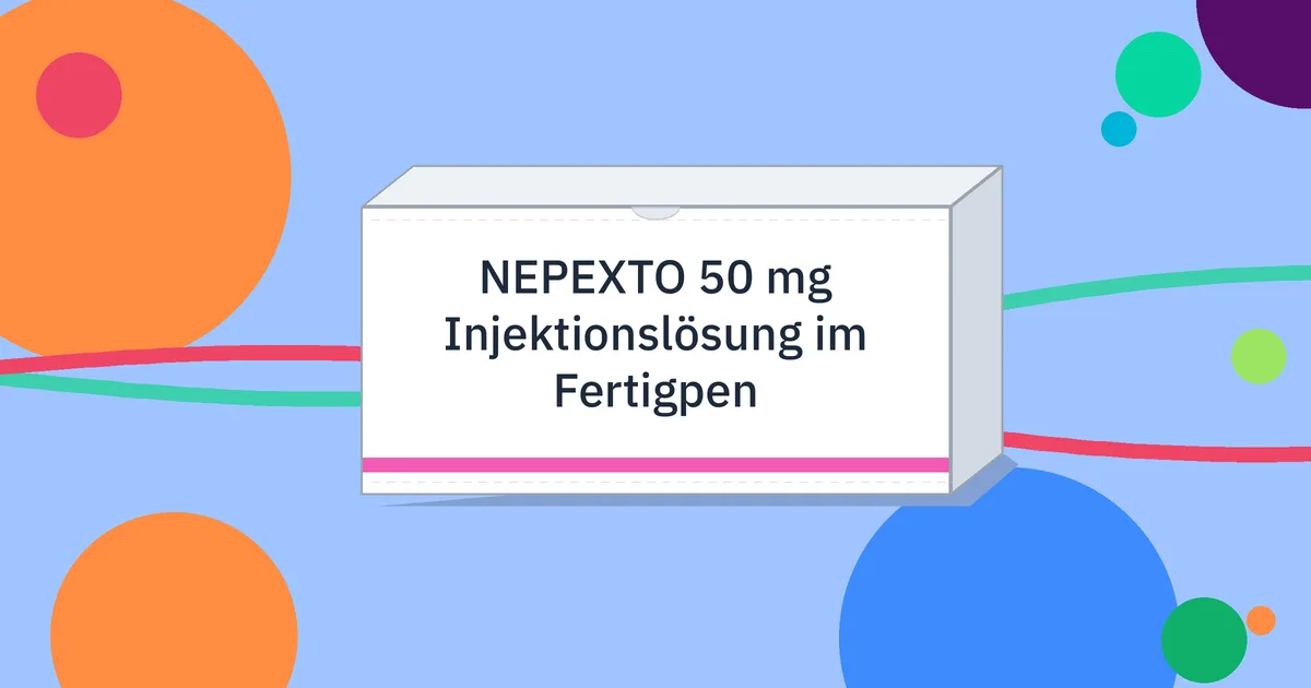 Symbolbild: Packung mit der Aufschrift NEPEXTO 50 mg Injektionslösung im Fertigpen (PZN 19521486) – Verfügbarkeit und Bezug in Apotheken in Frankfurt am Main