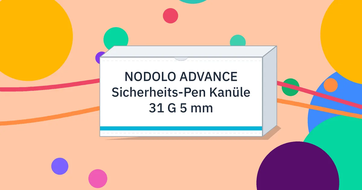 Symbolbild: Packung mit der Aufschrift NODOLO ADVANCE Sicherheits-Pen Kanüle 31 G 5 mm (PZN 09096289) – Verfügbarkeit und Bezug in Apotheken in Frankfurt am Main