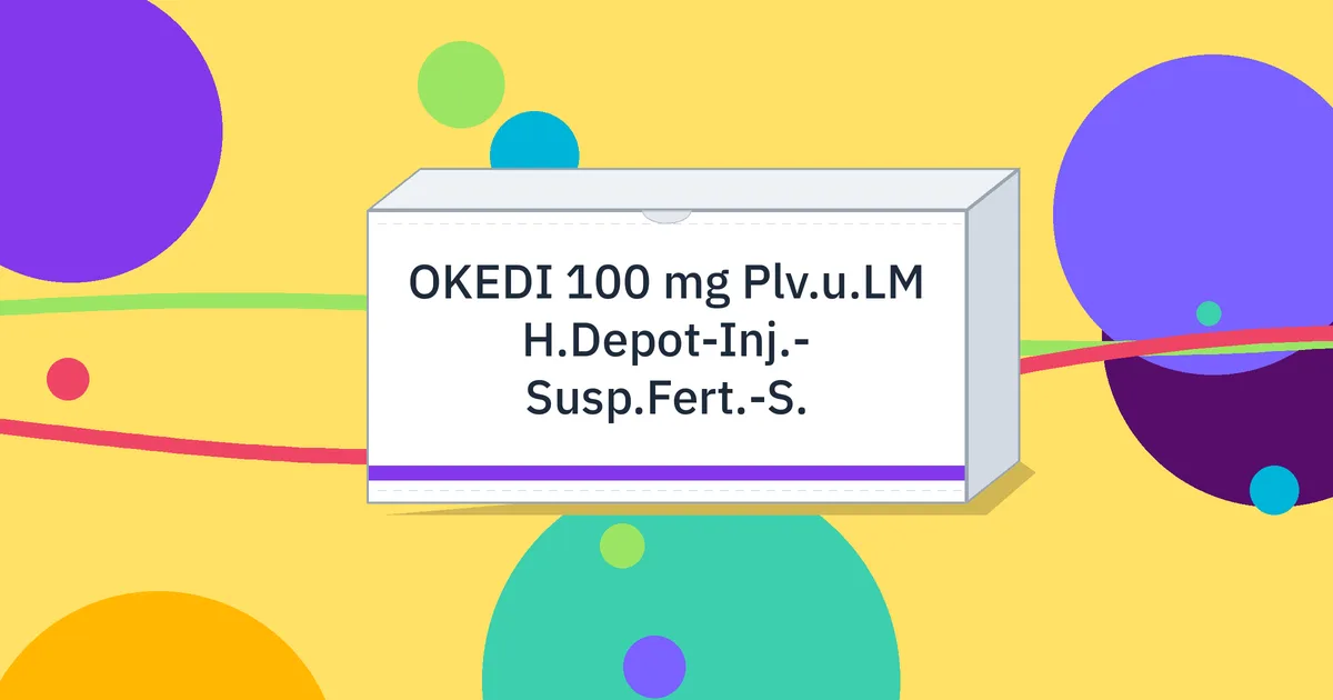 Symbolbild: Packung mit der Aufschrift OKEDI 100 mg Plv.u.LM H.Depot-Inj.-Susp.Fert.-S. (PZN 19150021) – Verfügbarkeit und Bezug in Apotheken in Frankfurt am Main