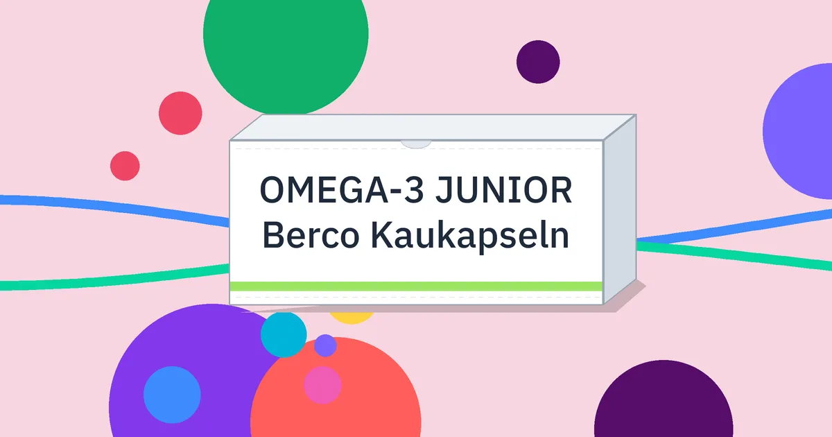 Symbolbild: Packung mit der Aufschrift OMEGA-3 JUNIOR Berco Kaukapseln (PZN 10329066) – Verfügbarkeit und Bezug in Apotheken in Frankfurt am Main