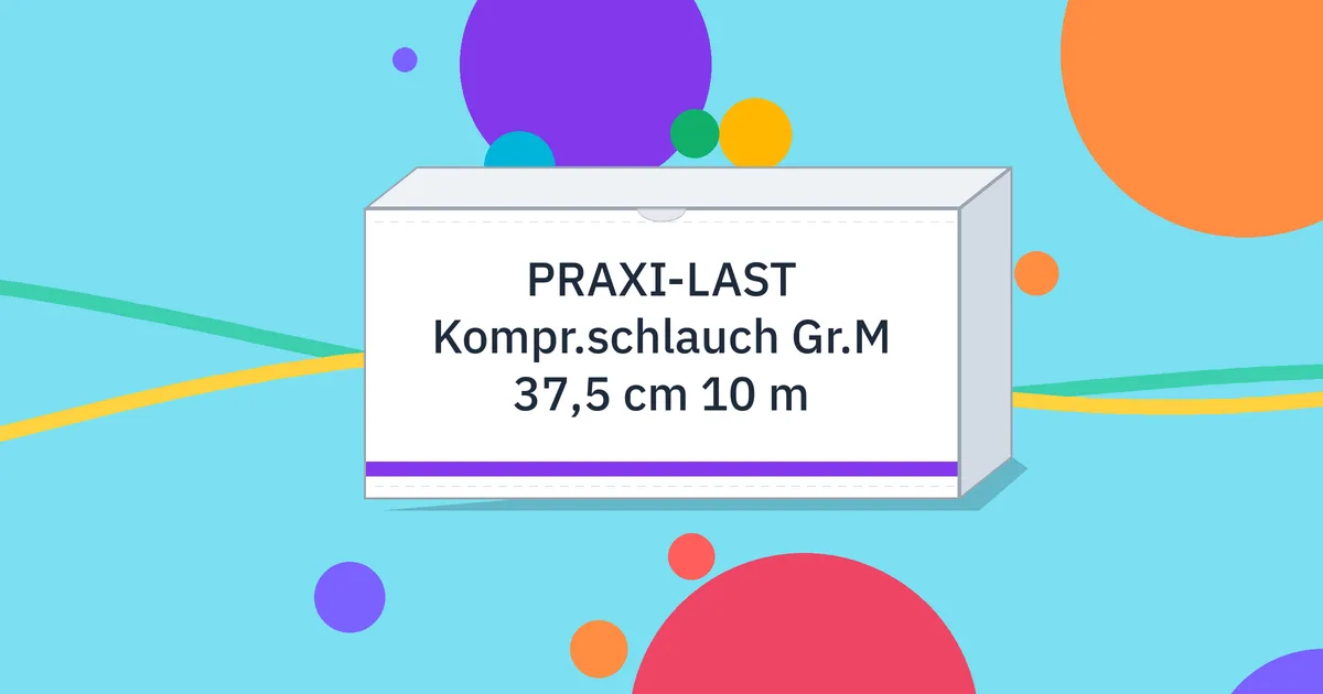 Symbolbild: Packung mit der Aufschrift PRAXI-LAST Kompr.schlauch Gr.M 37,5 cm 10 m (PZN 12827058) – Verfügbarkeit und Bezug in Apotheken in Frankfurt am Main