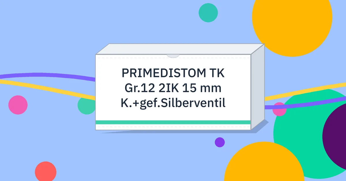 Symbolbild: Packung mit der Aufschrift PRIMEDISTOM TK Gr.12 2IK 15 mm K.+gef.Silberventil (PZN 10230149) – Verfügbarkeit und Bezug in Apotheken in Frankfurt am Main
