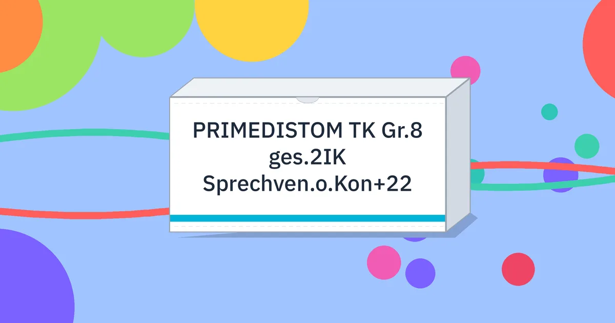 Symbolbild: Packung mit der Aufschrift PRIMEDISTOM TK Gr.8 ges.2IK Sprechven.o.Kon+22 (PZN 10209296) – Verfügbarkeit und Bezug in Apotheken in Frankfurt am Main