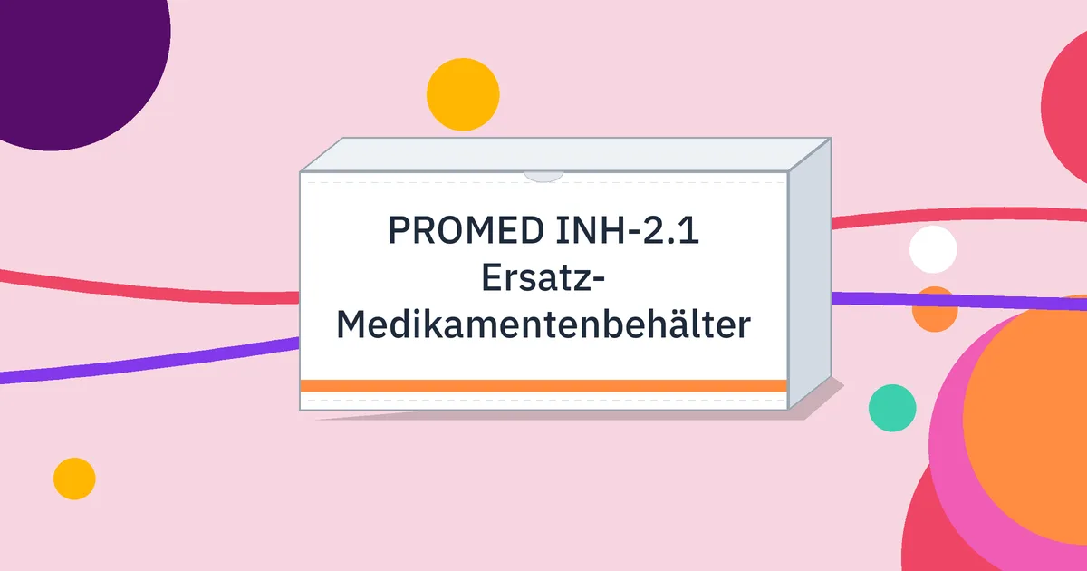 Symbolbild: Packung mit der Aufschrift PROMED INH-2.1 Ersatz-Medikamentenbehälter (PZN 13598157) – Verfügbarkeit und Bezug in Apotheken in Frankfurt am Main