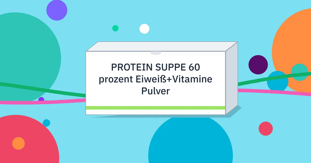 Symbolbild: Packung mit der Aufschrift PROTEIN SUPPE 60 prozent Eiweiß+Vitamine Pulver (PZN 07380218) – Verfügbarkeit und Bezug in Apotheken in Frankfurt am Main