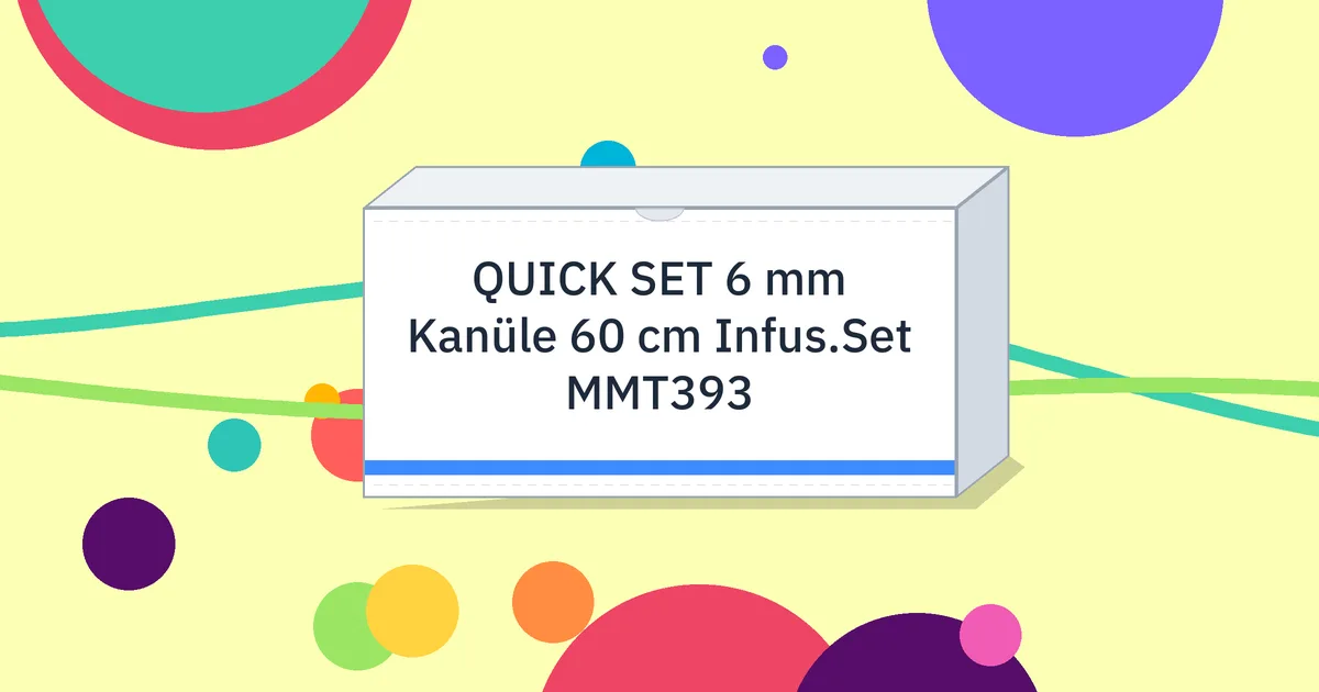 Symbolbild: Packung mit der Aufschrift QUICK SET 6 mm Kanüle 60 cm Infus.Set MMT393 (PZN 14201104) – Verfügbarkeit und Bezug in Apotheken in Frankfurt am Main