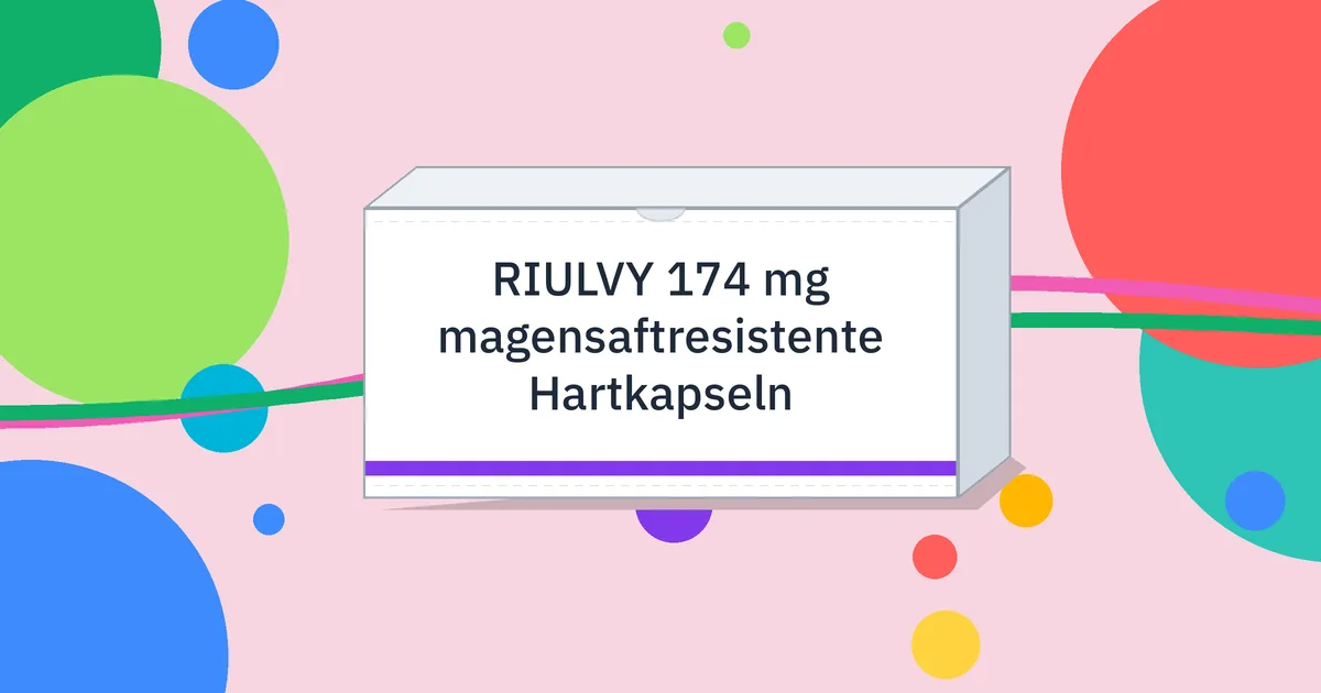 Symbolbild: Packung mit der Aufschrift RIULVY 174 mg magensaftresistente Hartkapseln (PZN 09750820) – Verfügbarkeit und Bezug in Apotheken in Frankfurt am Main