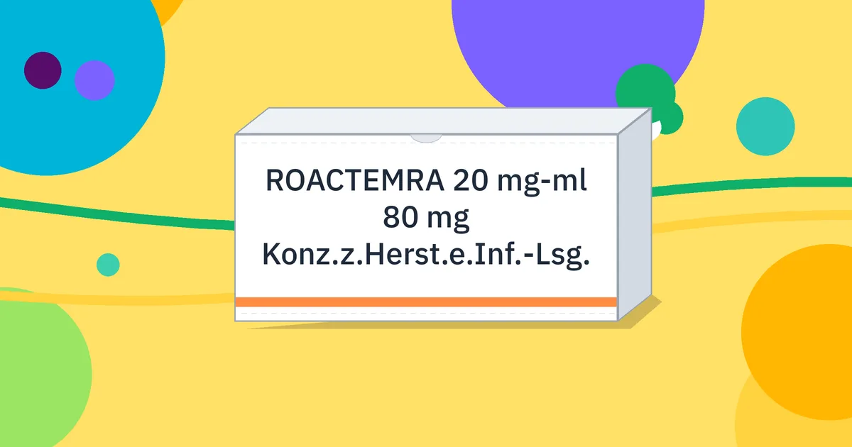 Symbolbild: Packung mit der Aufschrift ROACTEMRA 20 mg-ml 80 mg Konz.z.Herst.e.Inf.-Lsg. (PZN 05875306) – Verfügbarkeit und Bezug in Apotheken in Frankfurt am Main