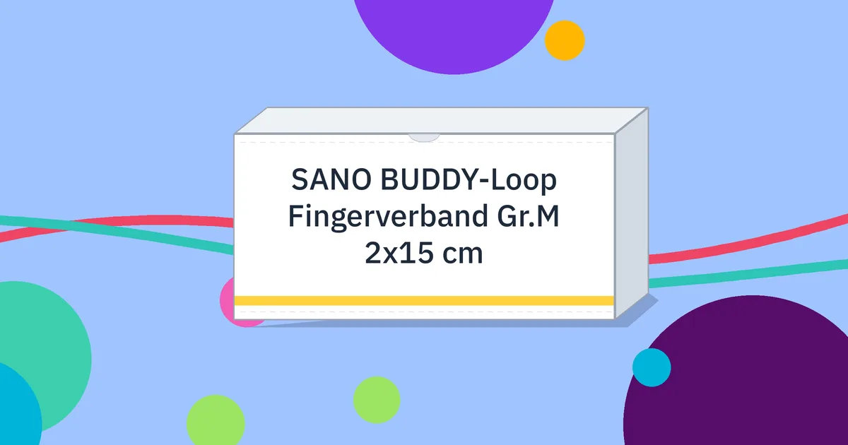 Symbolbild: Packung mit der Aufschrift SANO BUDDY-Loop Fingerverband Gr.M 2x15 cm (PZN 13159475) – Verfügbarkeit und Bezug in Apotheken in Frankfurt am Main