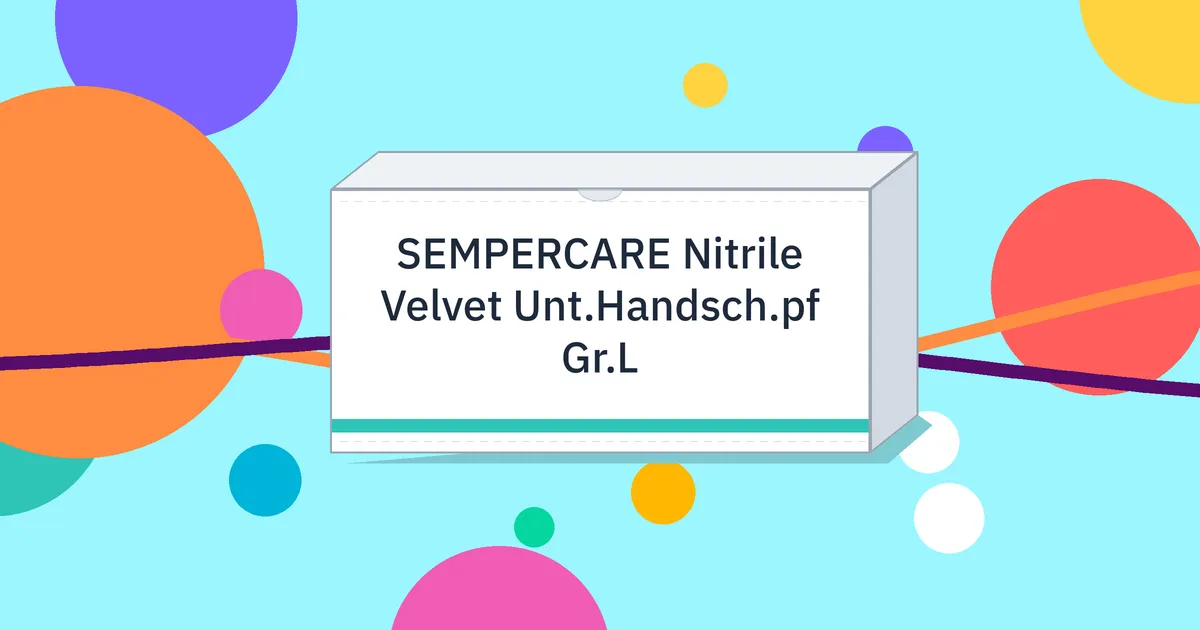 Symbolbild: Packung mit der Aufschrift SEMPERCARE Nitrile Velvet Unt.Handsch.pf Gr.L (PZN 12643878) – Verfügbarkeit und Bezug in Apotheken in Frankfurt am Main