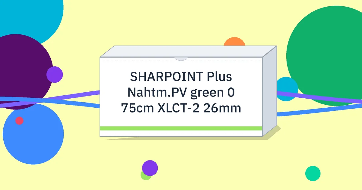 Symbolbild: Packung mit der Aufschrift SHARPOINT Plus Nahtm.PV green 0 75cm XLCT-2 26mm (PZN 17996305) – Verfügbarkeit und Bezug in Apotheken in Frankfurt am Main