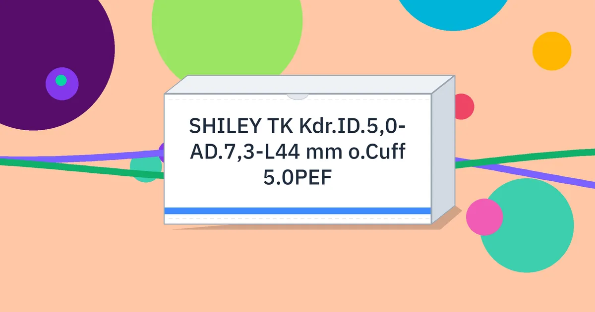 Symbolbild: Packung mit der Aufschrift SHILEY TK Kdr.ID.5,0-AD.7,3-L44 mm o.Cuff 5.0PEF (PZN 11596094) – Verfügbarkeit und Bezug in Apotheken in Frankfurt am Main