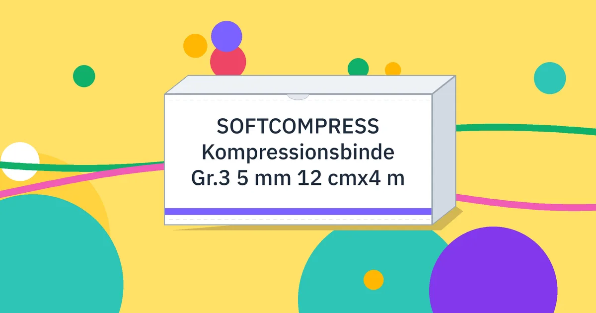 Symbolbild: Packung mit der Aufschrift SOFTCOMPRESS Kompressionsbinde Gr.3 5 mm 12 cmx4 m (PZN 13506072) – Verfügbarkeit und Bezug in Apotheken in Frankfurt am Main