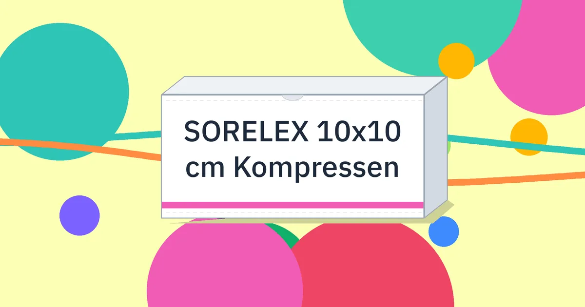 Symbolbild: Packung mit der Aufschrift SORELEX 10x10 cm Kompressen (PZN 19094357) – Verfügbarkeit und Bezug in Apotheken in Frankfurt am Main