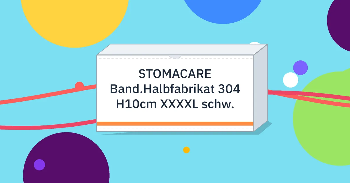 Symbolbild: Packung mit der Aufschrift STOMACARE Band.Halbfabrikat 304 H10cm XXXXL schw. (PZN 10841284) – Verfügbarkeit und Bezug in Apotheken in Frankfurt am Main