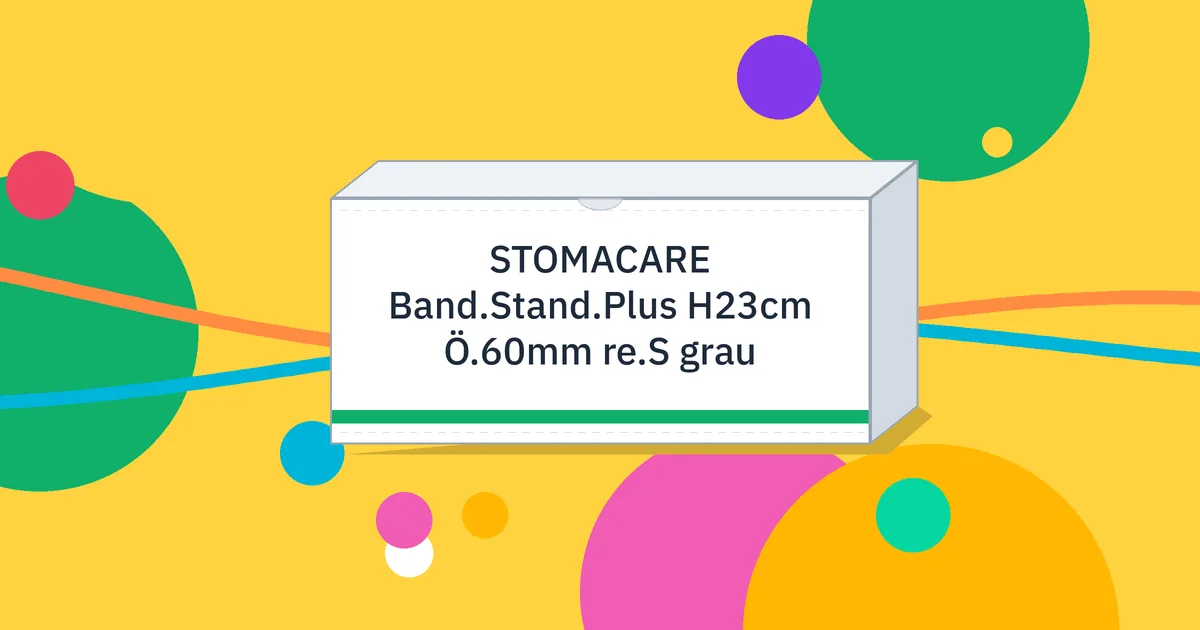 Symbolbild: Packung mit der Aufschrift STOMACARE Band.Stand.Plus H23cm Ö.60mm re.S grau (PZN 16750884) – Verfügbarkeit und Bezug in Apotheken in Frankfurt am Main