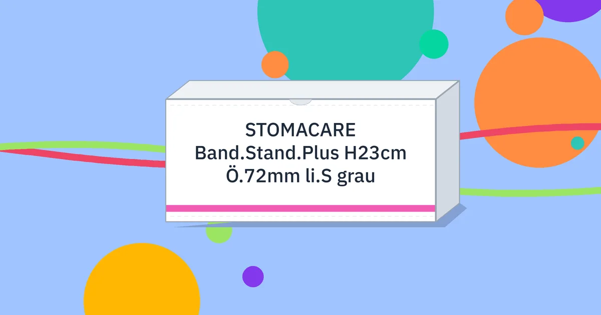 Symbolbild: Packung mit der Aufschrift STOMACARE Band.Stand.Plus H23cm Ö.72mm li.S grau (PZN 16750973) – Verfügbarkeit und Bezug in Apotheken in Frankfurt am Main