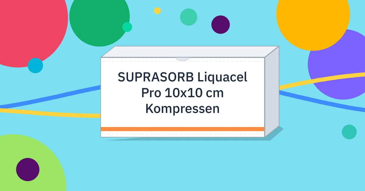 Symbolbild: Packung mit der Aufschrift SUPRASORB Liquacel Pro 10x10 cm Kompressen (PZN 19289285) – Verfügbarkeit und Bezug in Apotheken in Frankfurt am Main